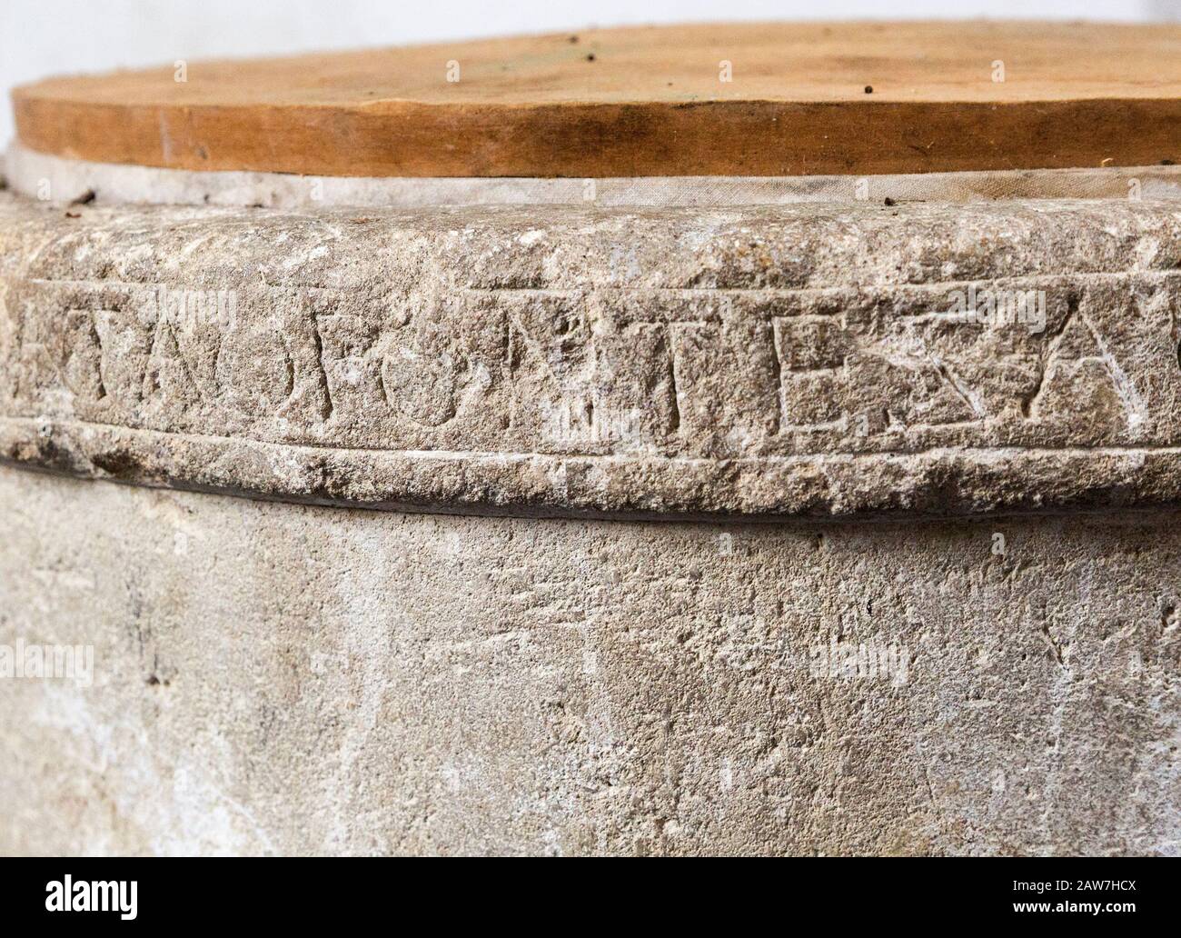 Circa 10th century Anglo-Saxon baptismal font, around its rim is a ...