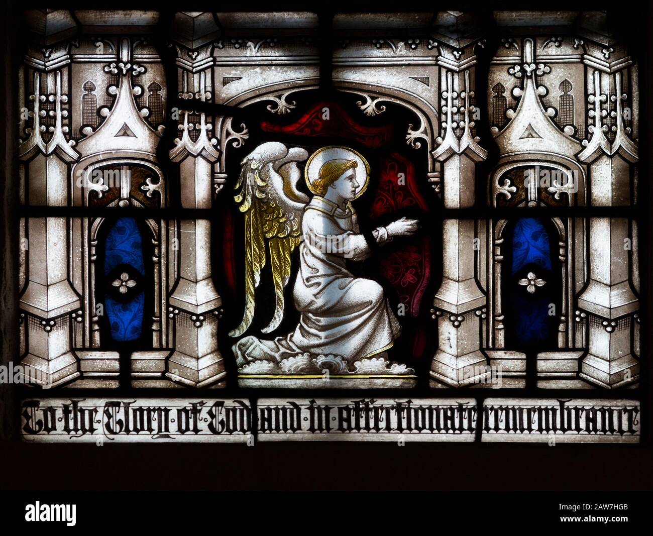 Victorian stained glass window of angel in All Saints church, Lydiard ...
