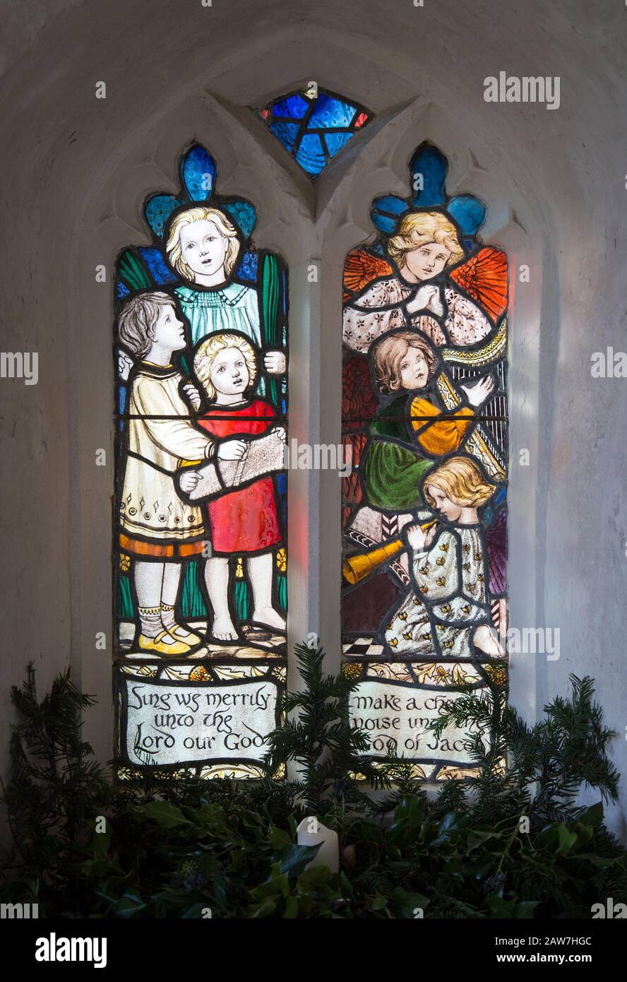Stained glass window children singing playing music, church porch Saint ...