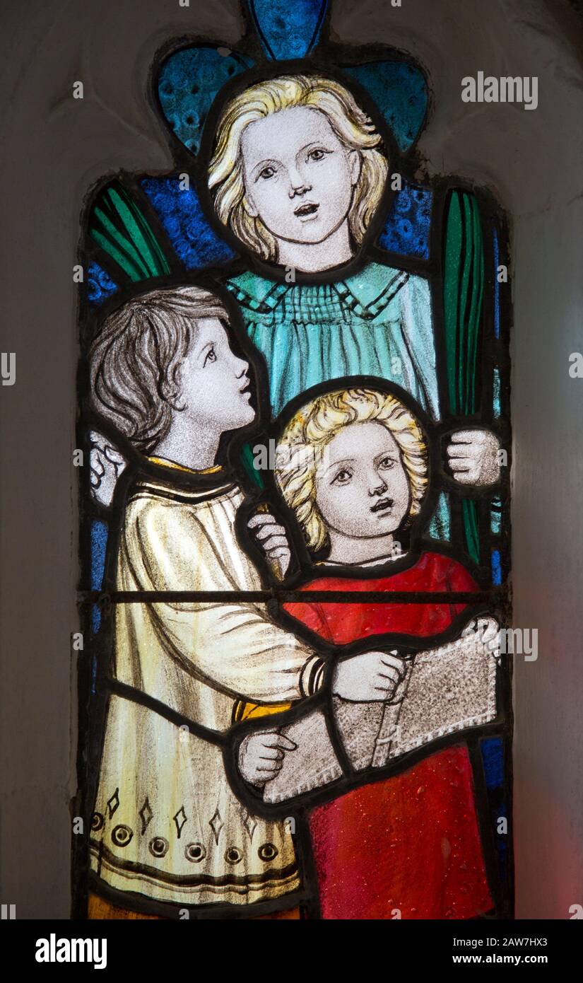 Stained glass window children singing, church porch Saint Peter ...
