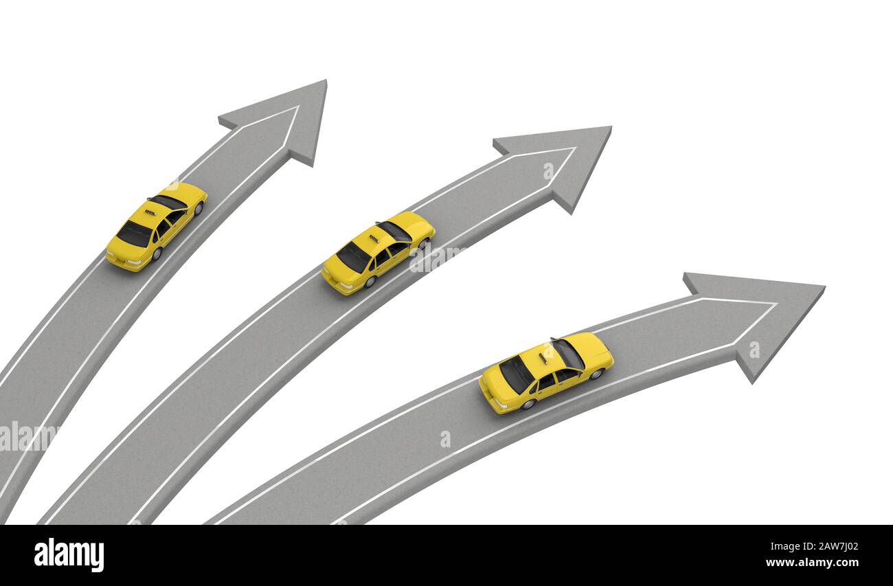 three taxi car go in different directions isolated on white above view ...
