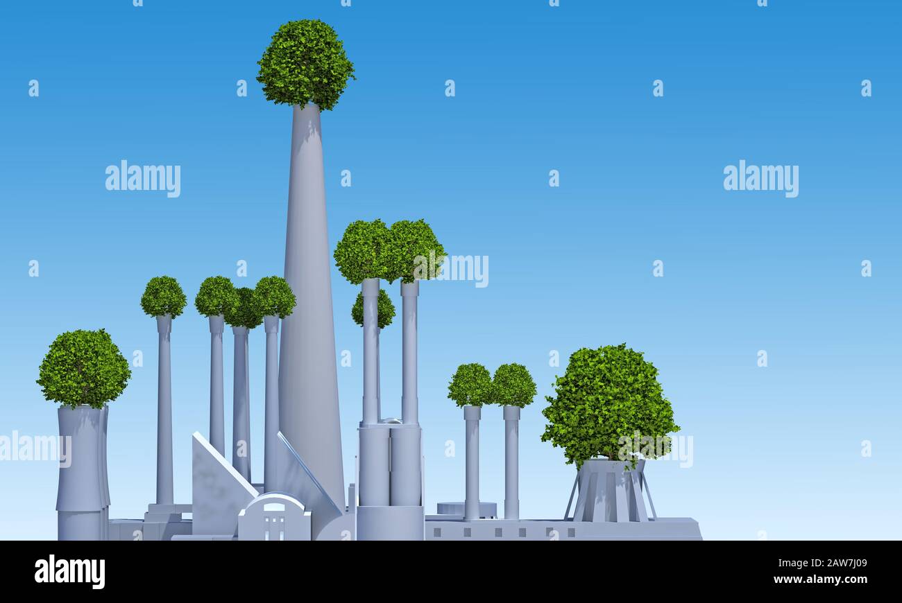 trees grow from factory chimneys. 3d rendering Stock Photo - Alamy