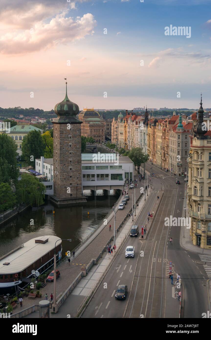 Birds eye view of Prague historic waterfront architecture at sunset ...