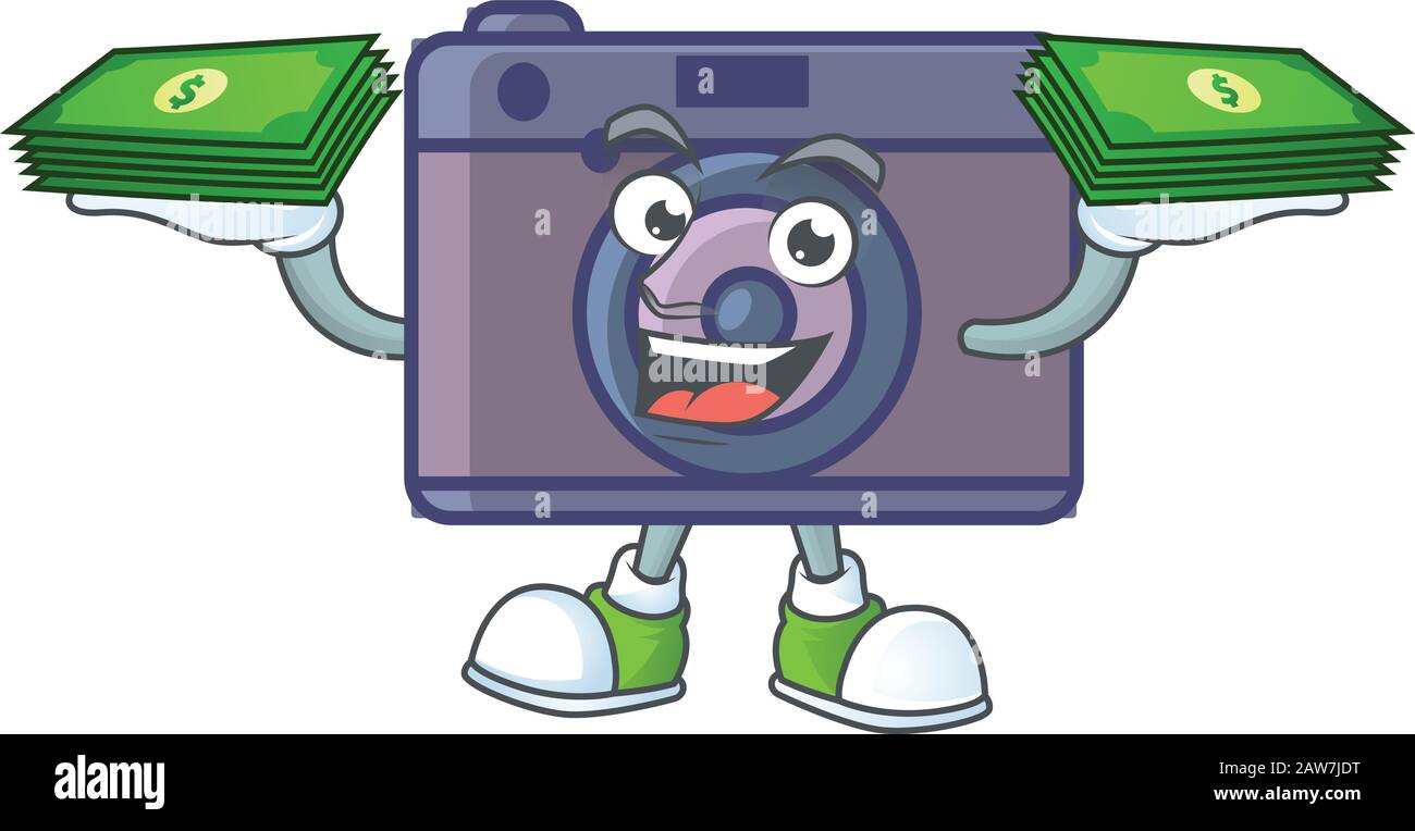 rich and famous retro camera cartoon character with money on hands ...