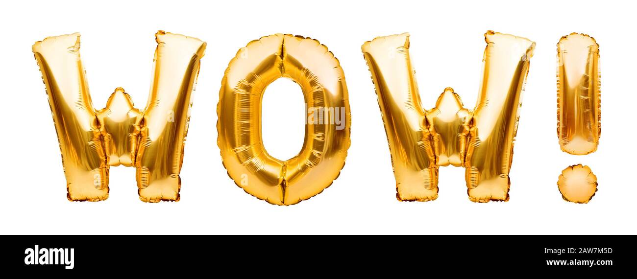 Golden sign WOW made of inflatable balloon isolated on white background ...
