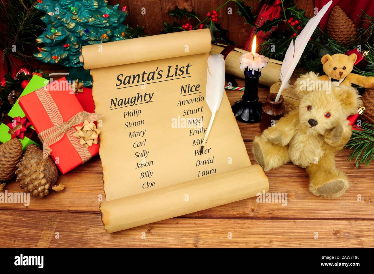 Santa's naughty and nice list on an old paper scroll with a festive ...