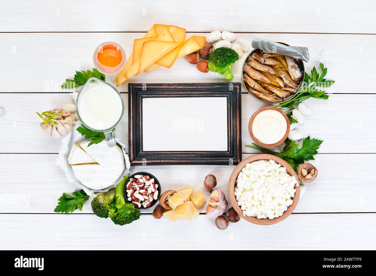 Food with calcium. A variety of foods rich in calcium: cheese, milk ...