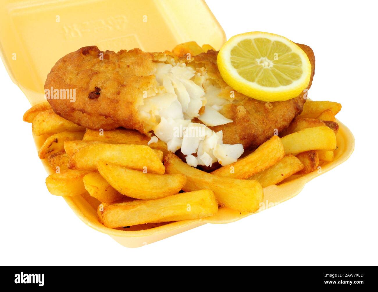 Fish and chips in a polystyrene take away tray isolated on a white ...
