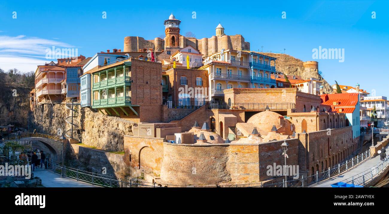 Old sulfur Baths in Abanotubani district with wooden carved balconies ...