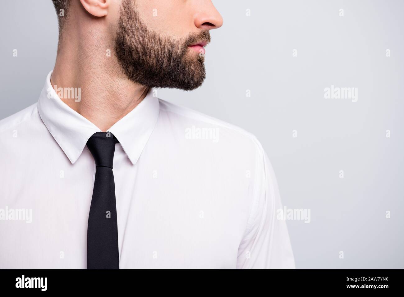 Closeup cropped photo of metrosexual business man look empty space show ...