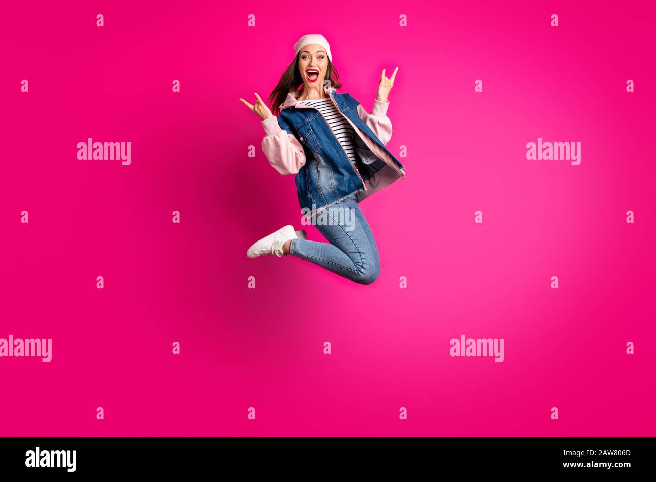 Full length body size view of her she nice attractive cheerful cheery ecstatic girl jumping ...