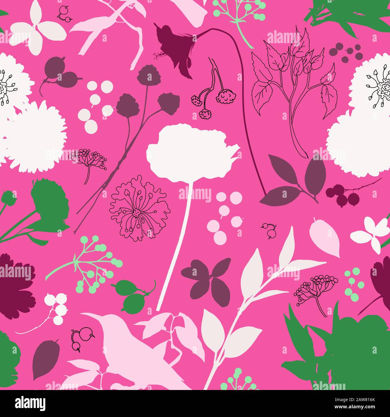 Autumn leaves, flowers and berries seamless pattern. Vector graphics ...