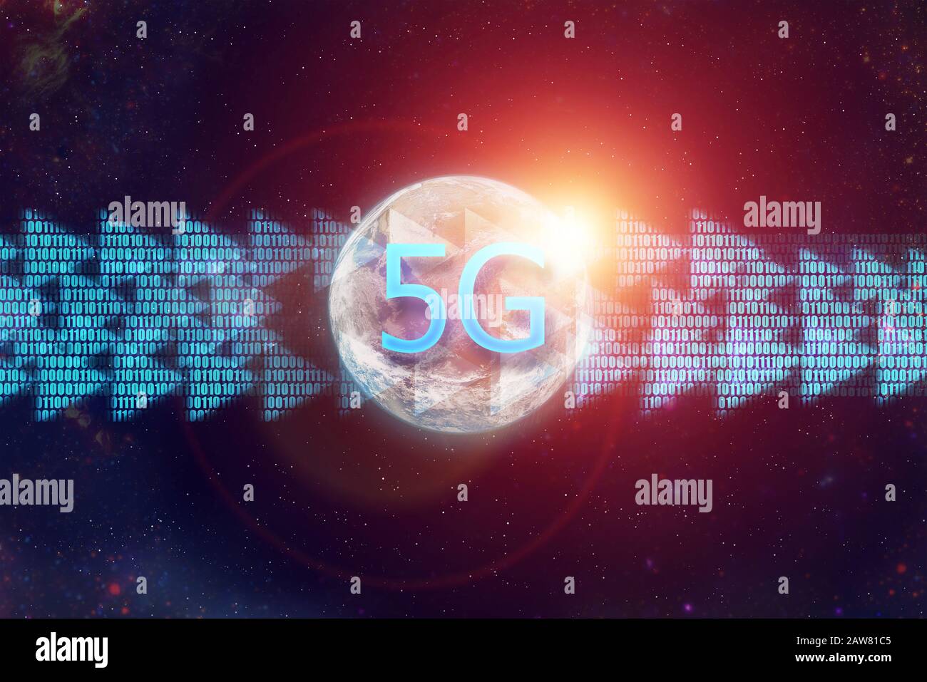 5G network technology concept. Planet Earth with sunrise and binary ...