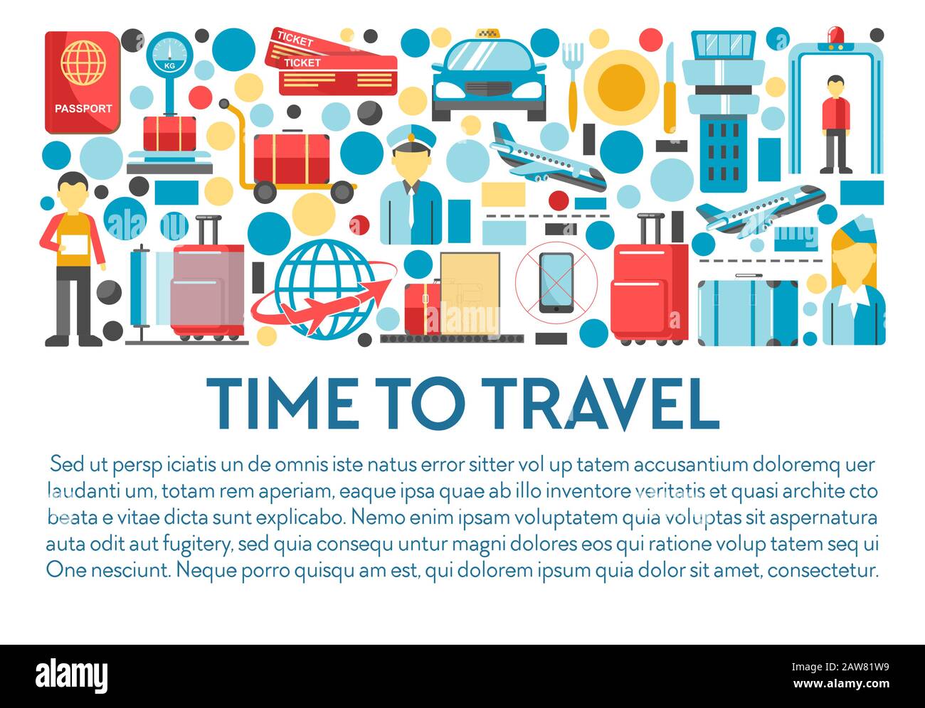 Time to travel banner, airport staff and equipment, airplane flight ...