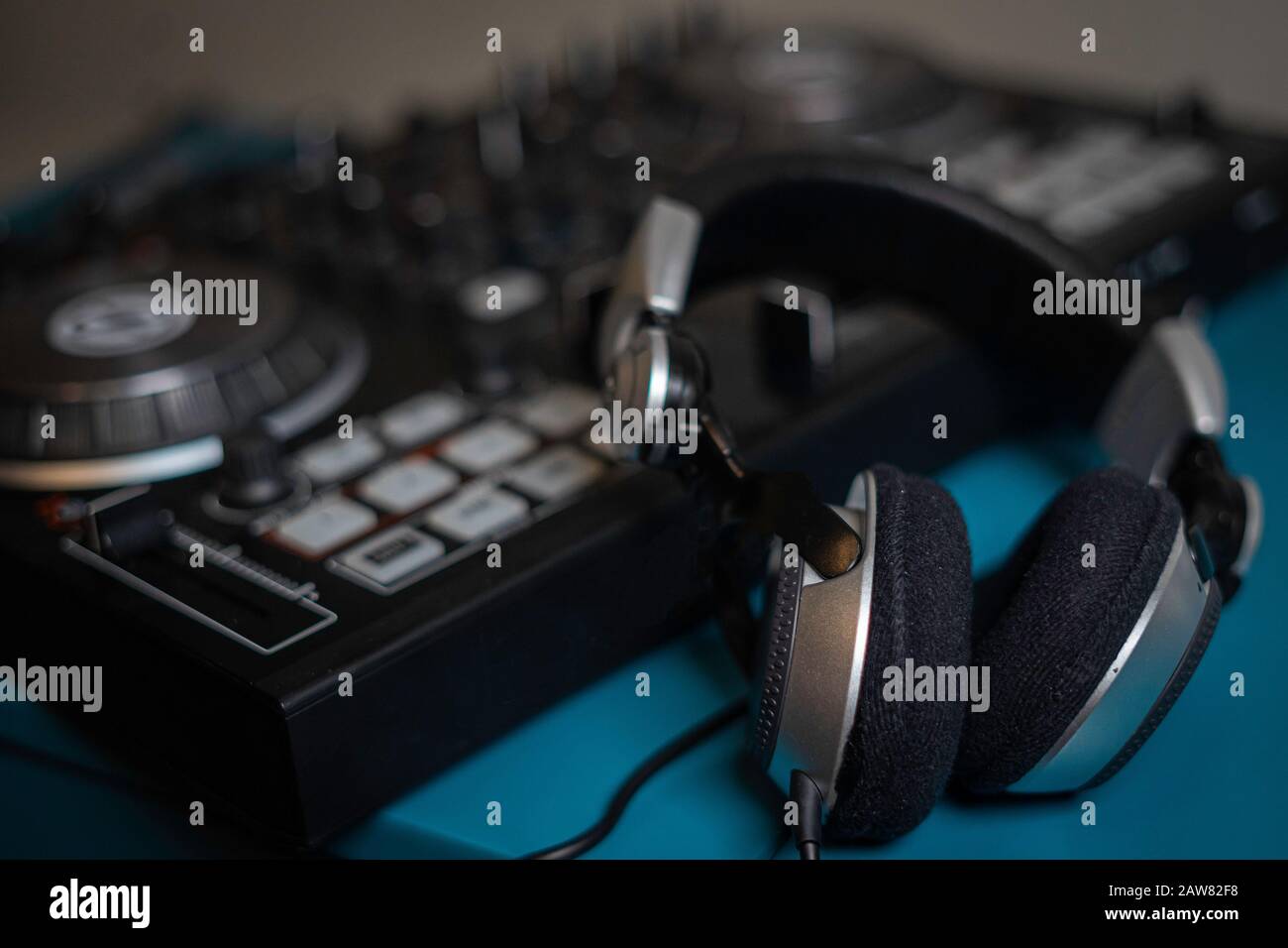 Headphone and sound audio controller. music mixer dj pult Stock Photo ...