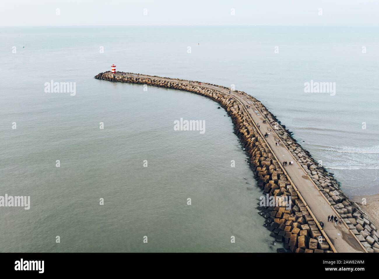Aerial view of one pier and lighthouse in harbour of Scheveningen, The ...
