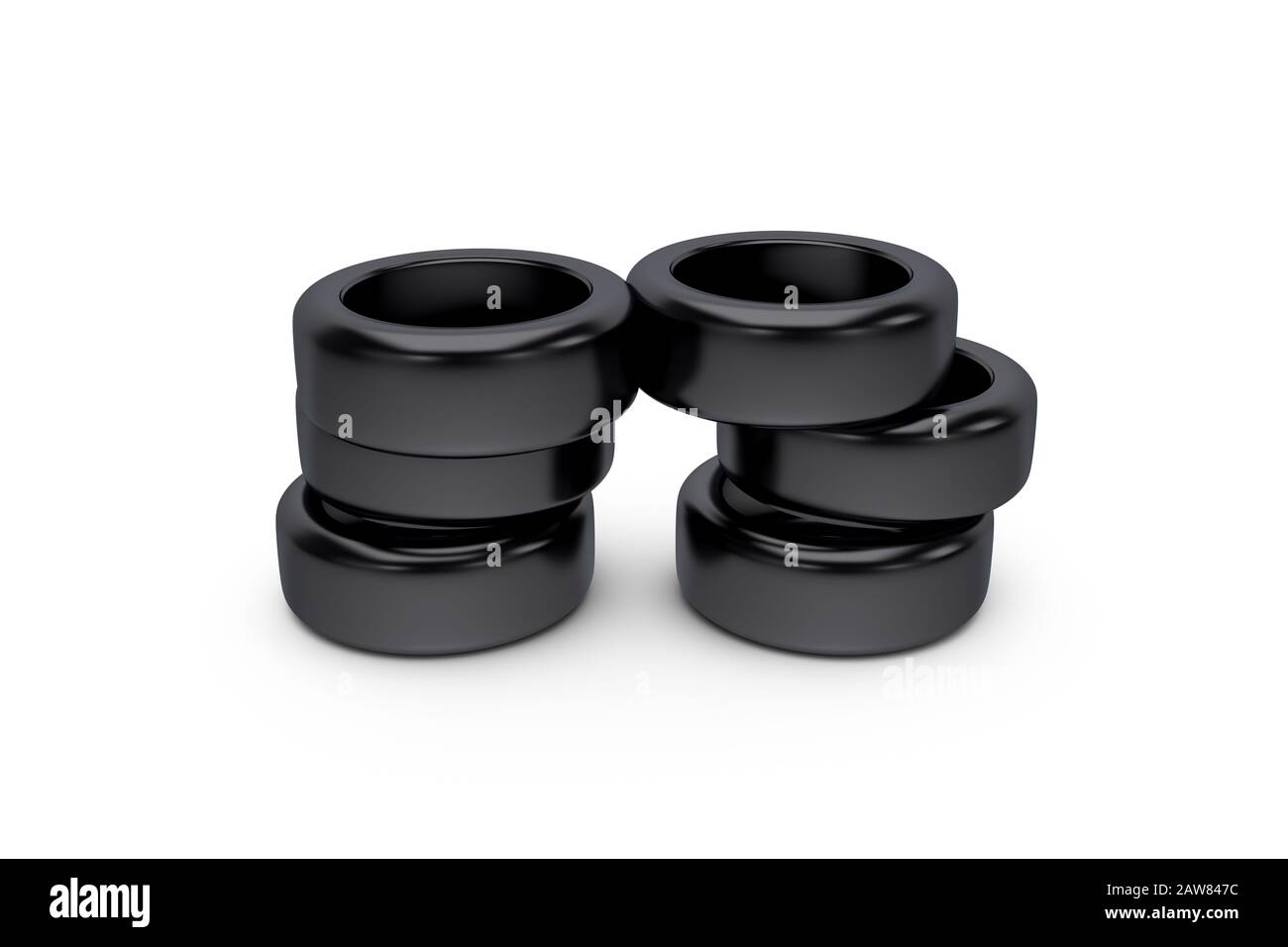 3d rendering, side view, stack of single black car tire, wheel ...