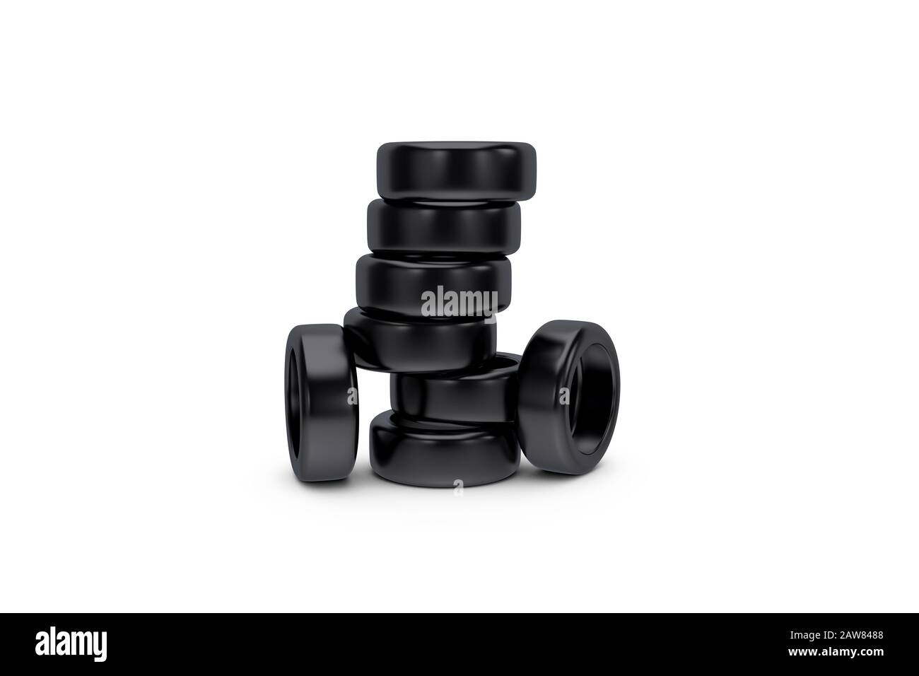 3d rendering, side view, stack of single black car tire, wheel ...