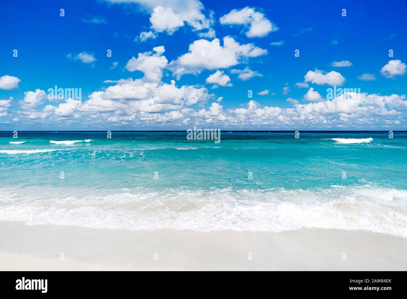 Idyllic tropical white sand beach with turquoise blue waters on a sunny ...