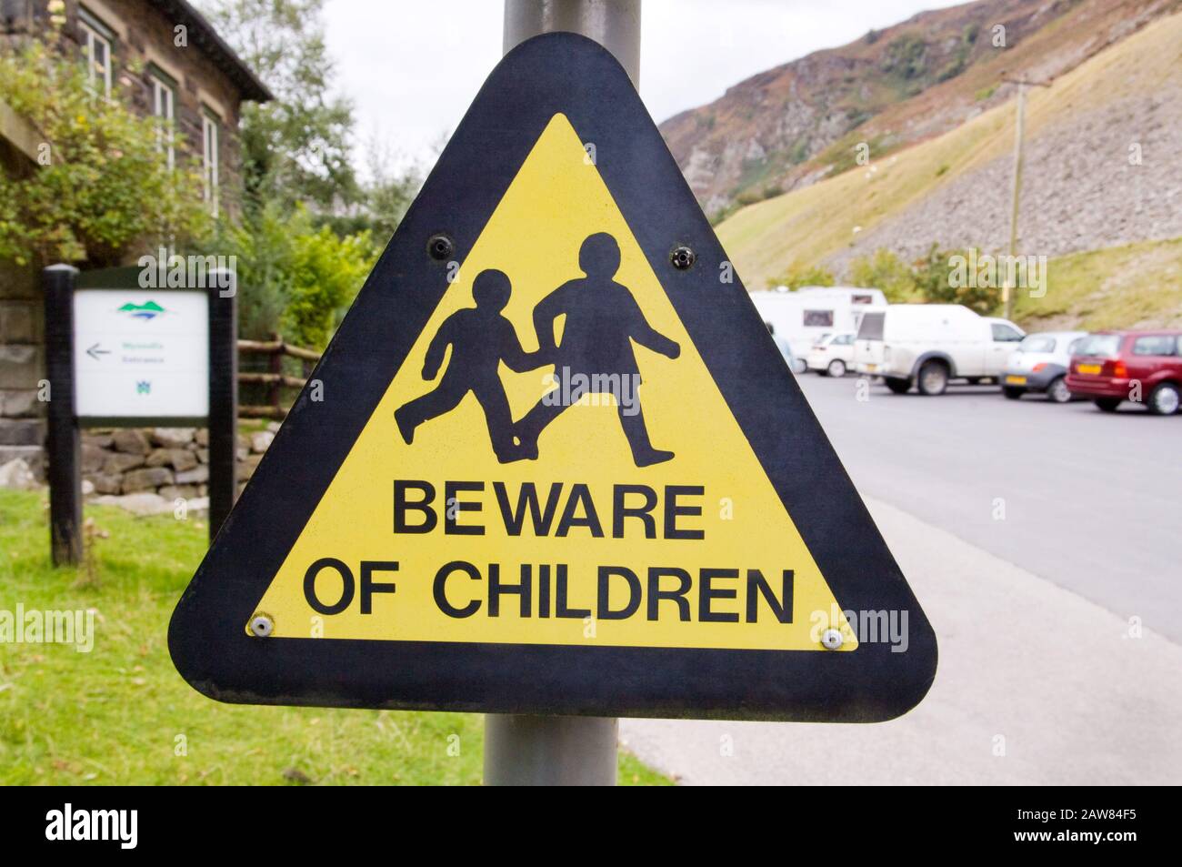 Beware of children sign at the Elan Valley visitors centre, Powys ...
