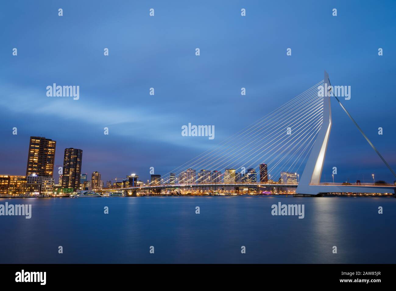 Cityscape of the Rotterdam skyline and Erasmus bridge at night Stock ...