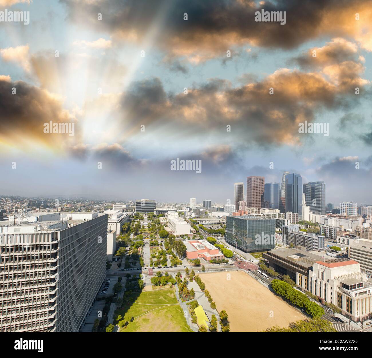 Los Angeles, California. Aerial view of Downtown skyline at sunset ...
