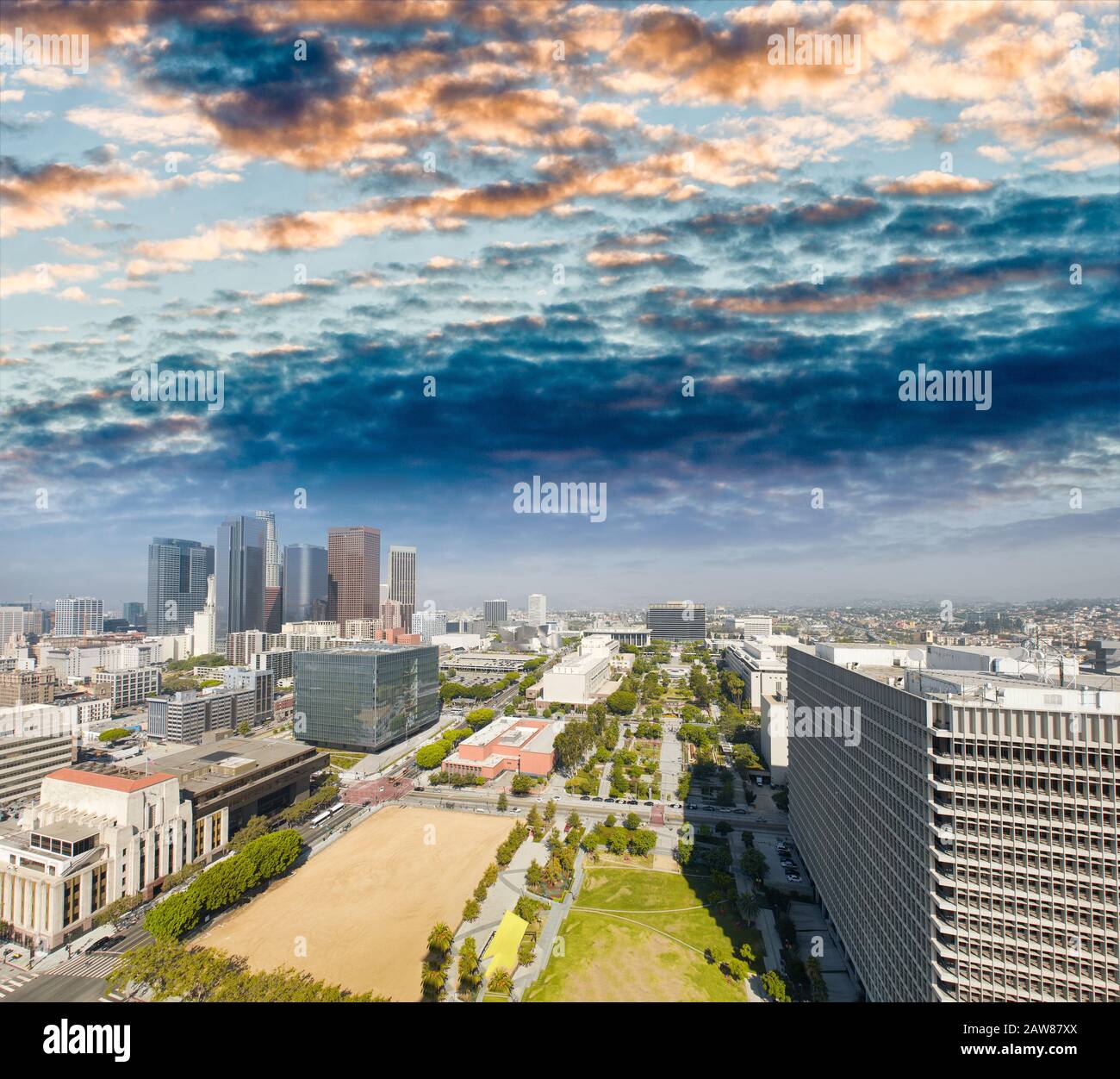 Los Angeles, California. Aerial view of Downtown skyline at sunset ...