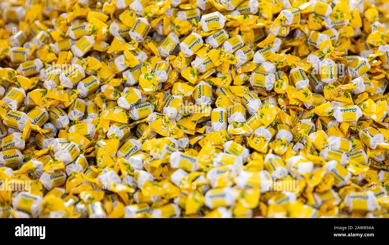 COLOGNE, February 2020: Many traditional swiss Ricola candy cough drops ...