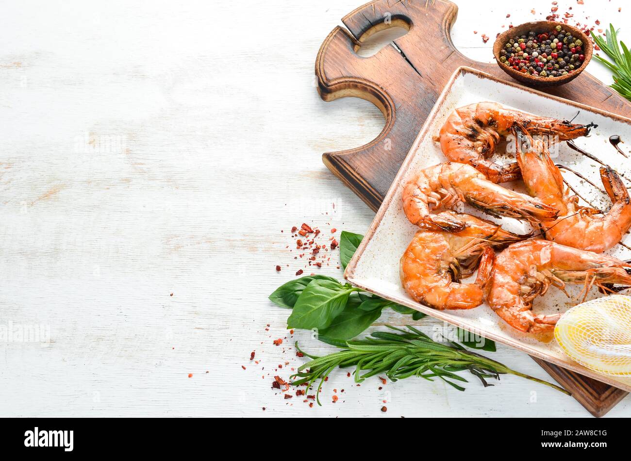 Grilled shrimp. Seafood. Top view. Free space for your text Stock Photo ...