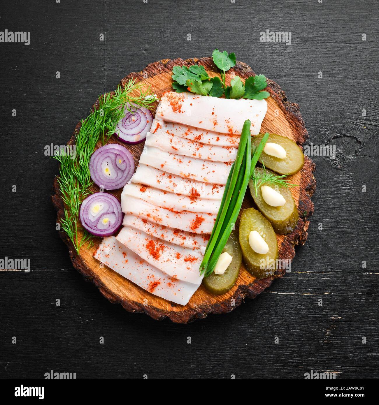 Lard with pepper and onions. Ukrainian Traditional Cuisine. On the old ...