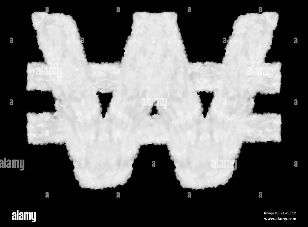 South Korean won currency sign element made of clouds on black ...