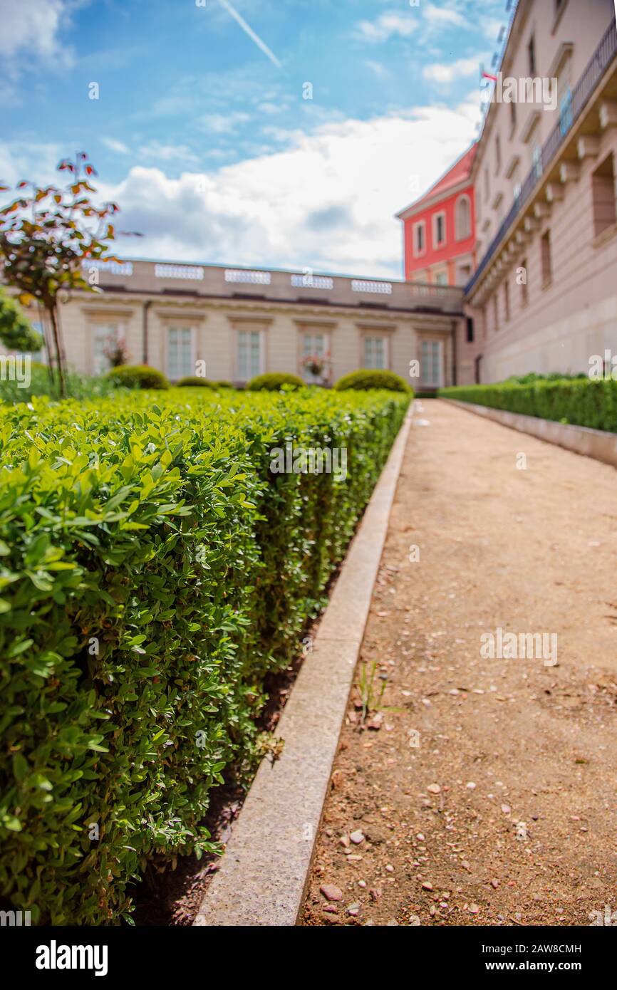 Castle gardens in front of Royal Castle in Warsaw, saxon facade Poland ...