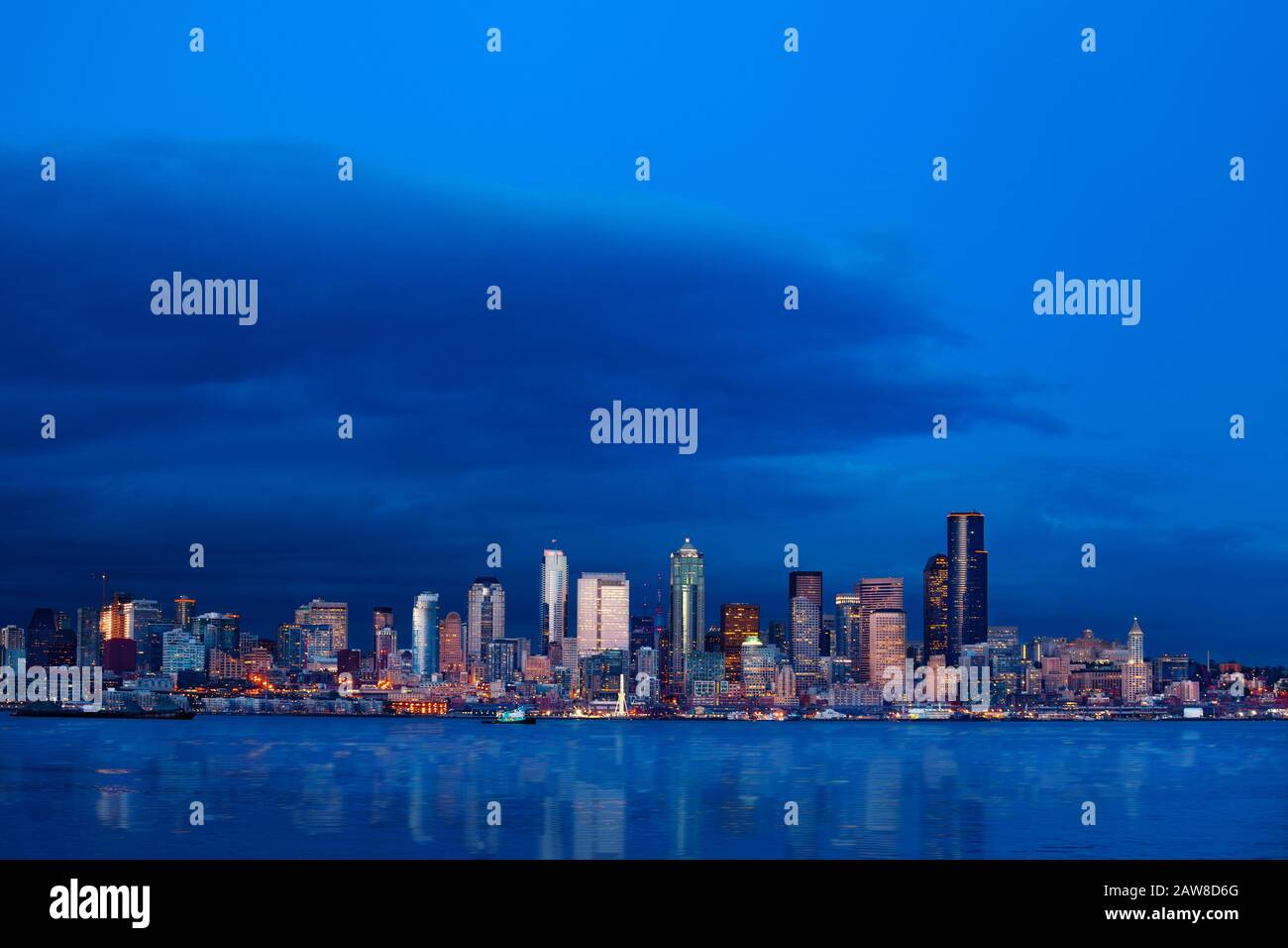 Seattle waterfront downtown buildings wide skyline view at night ...