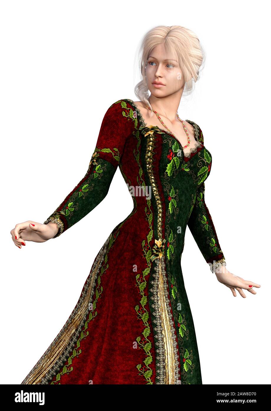 3D rendering of a beautiful fairy tale princess in a red dress isolated ...