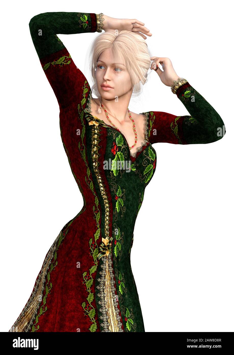 3D rendering of a beautiful fairy tale princess in a red dress isolated ...