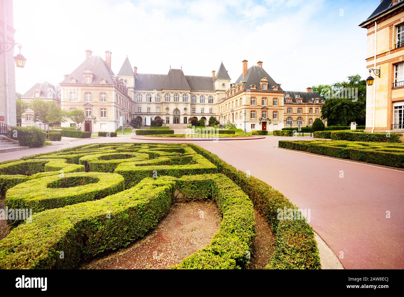 Paris, Cite Universitaire University garden and bushes entrance stairs ...