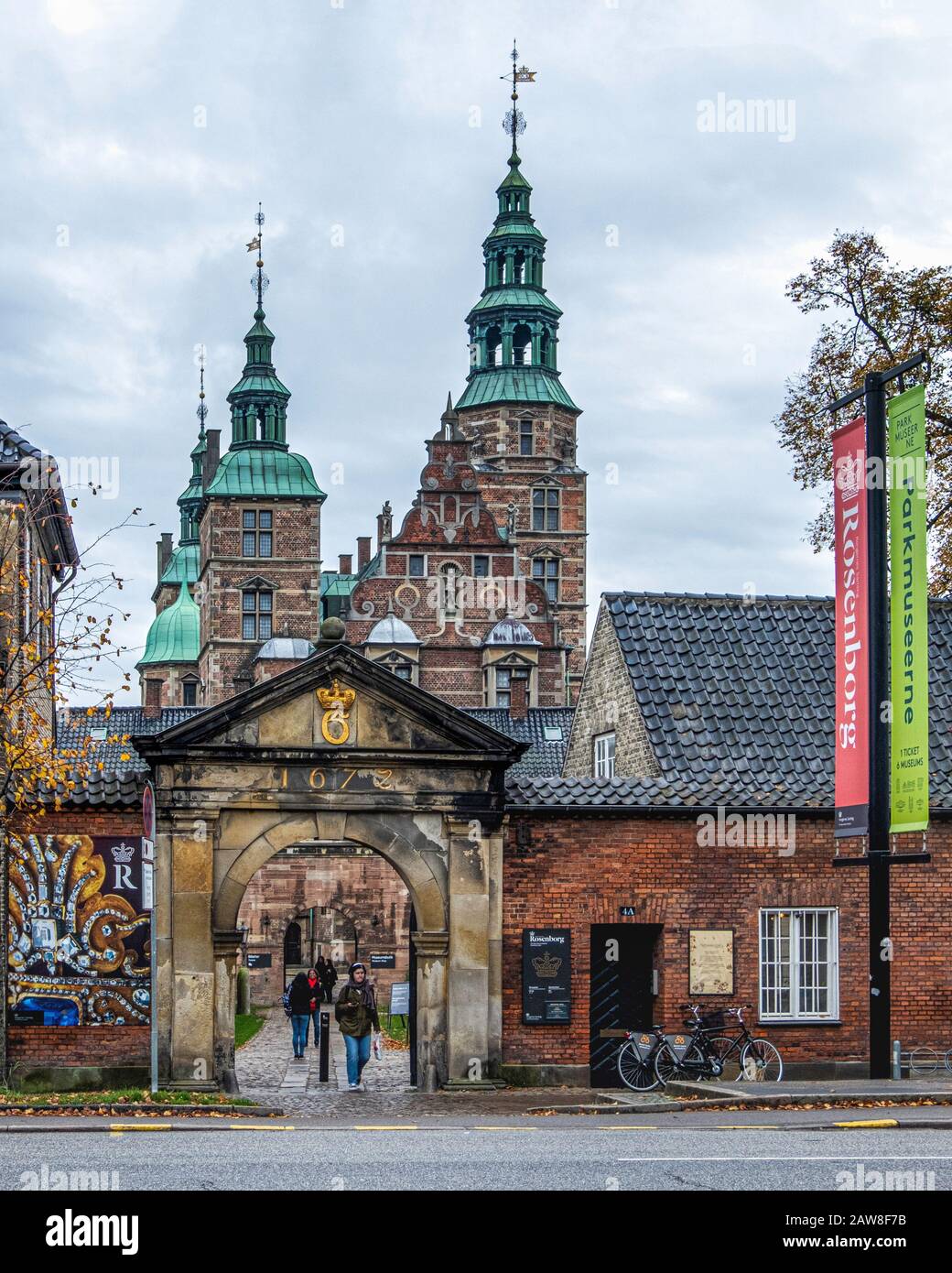 Rosenborg castle, arched gateway entrance to historic turreted castle ...