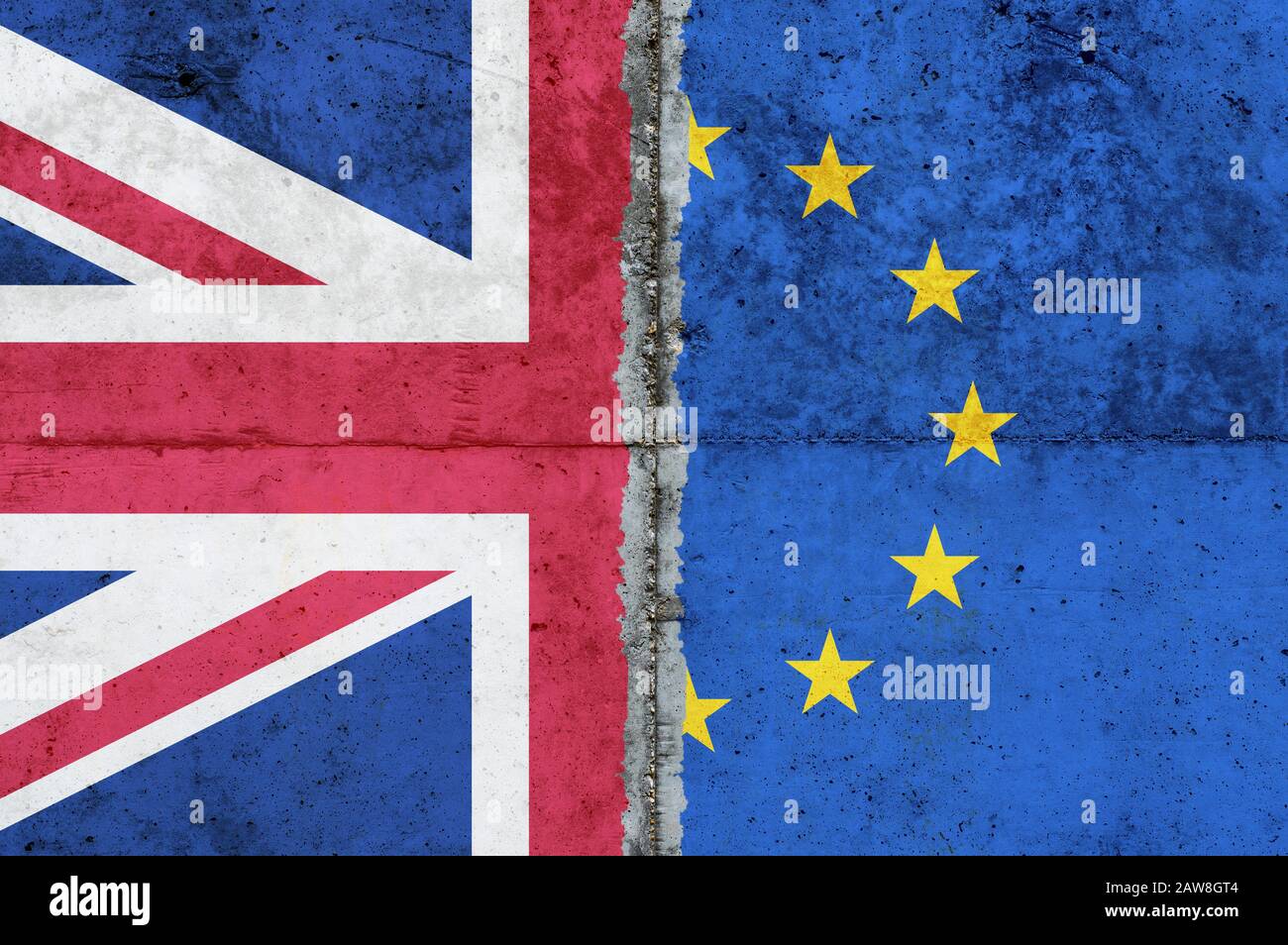 Brexit, UK & EU Flags on aged wall texture Stock Photo - Alamy