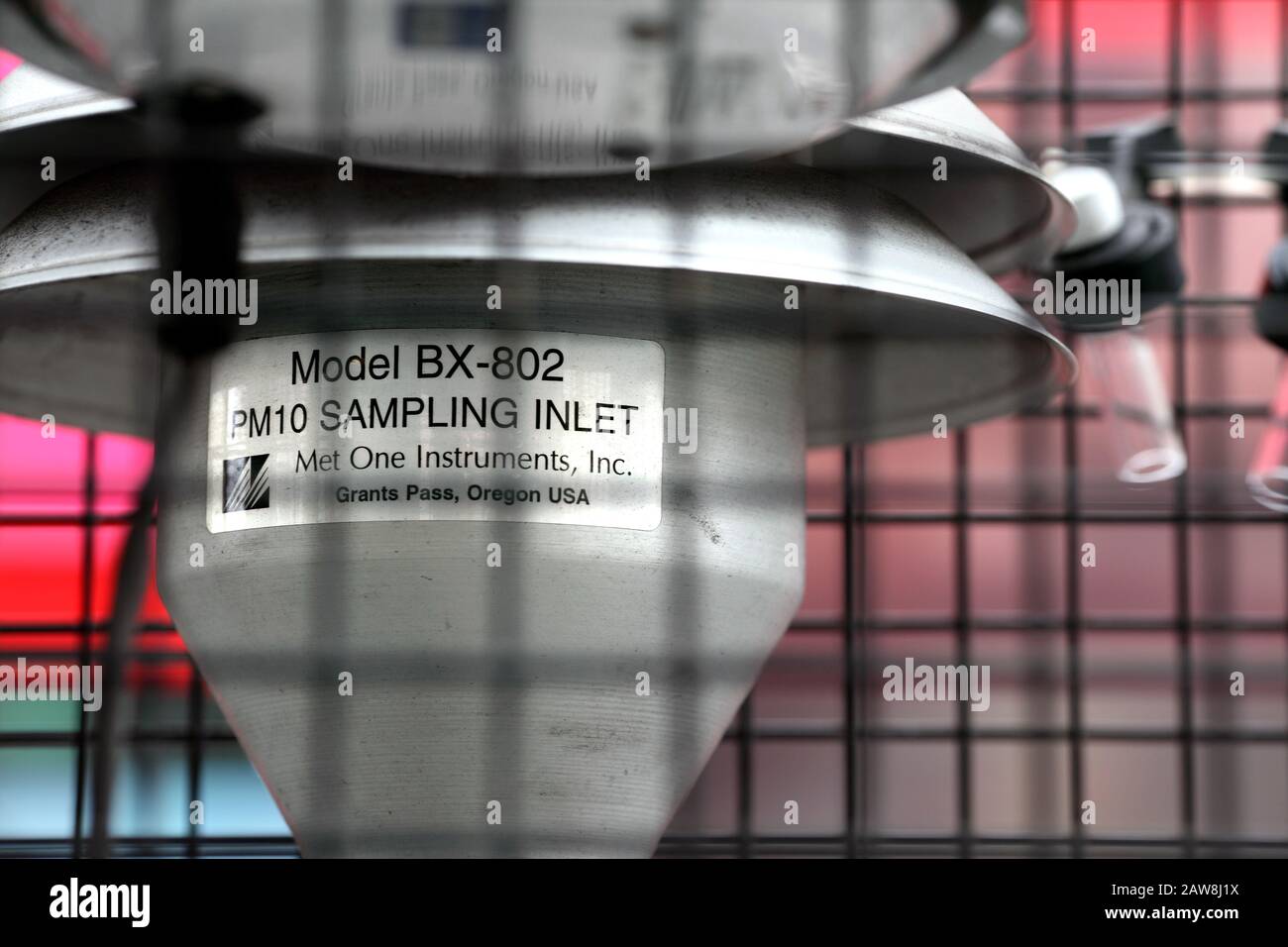 Close up of an air pollution monitor on London's Oxford Street, showing ...