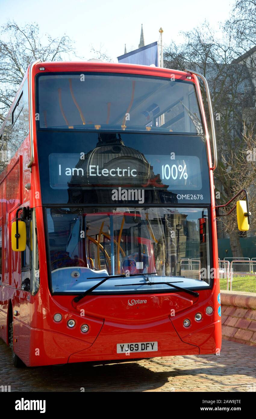 London, England, UK. Optare 100% electric bus on display outside the ...