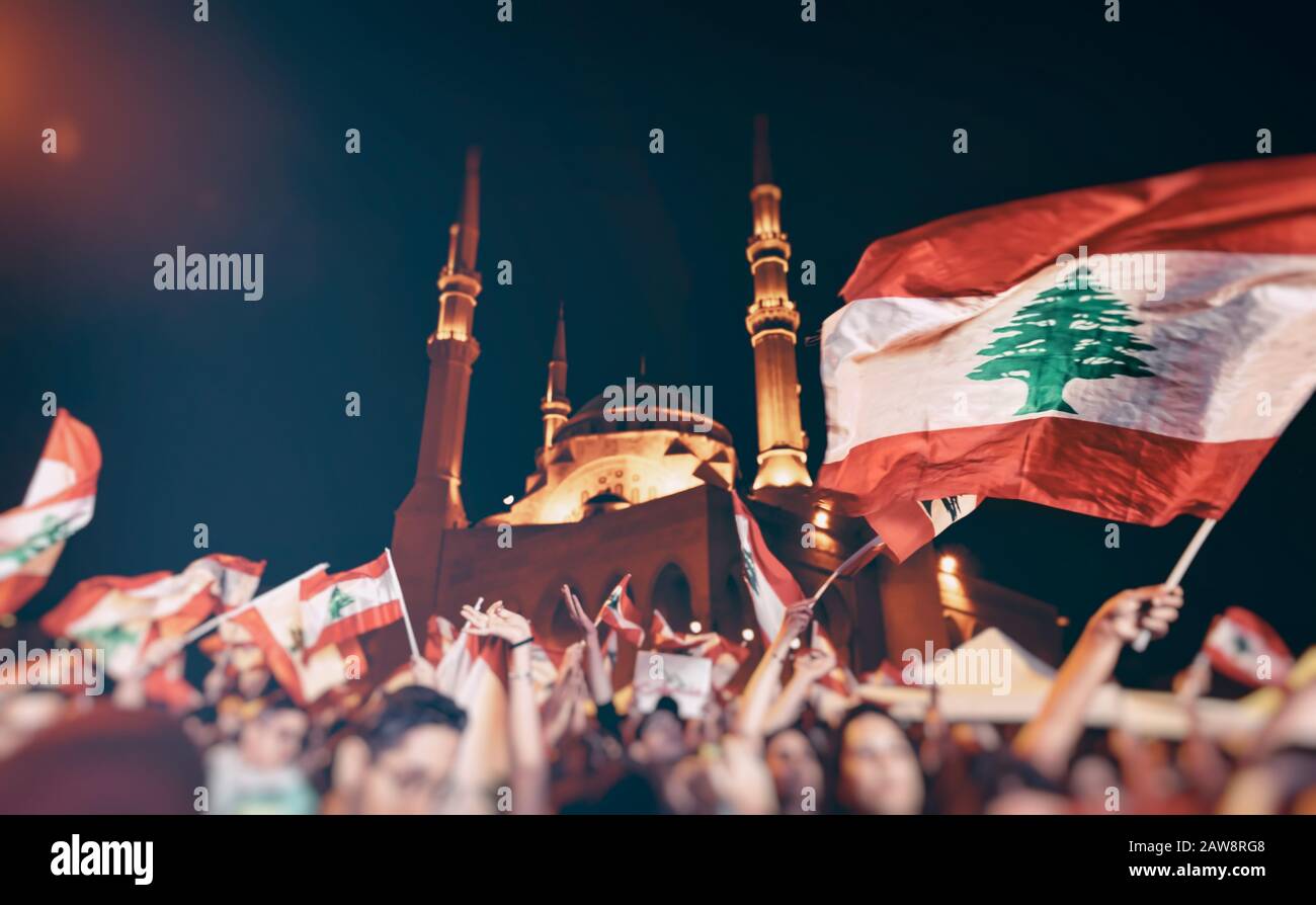 Revolution in Lebanon, a crowd of people with Lebanese flags picket ...