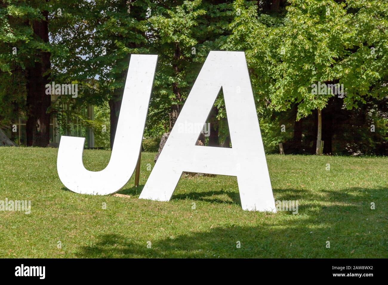 German Yes (Ja) written with upper case letters, on a green meadow with ...