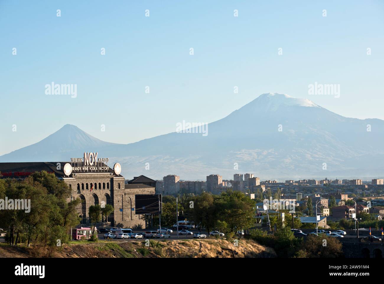 Mount Ararat and the Yerevan Noy Wine Brandy Vodka Factory. Armenia ...