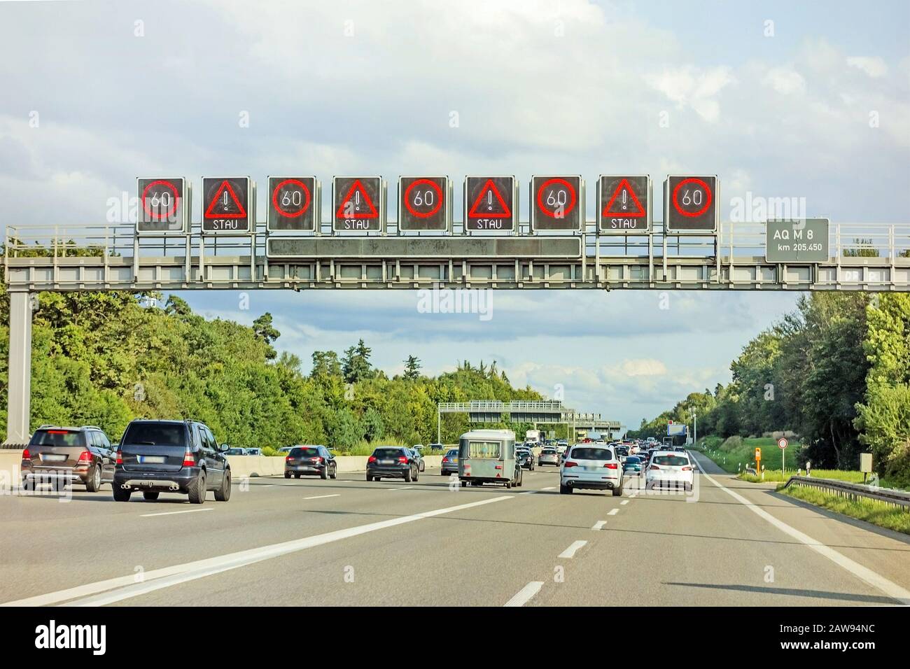 traffic jam sign bridge on freeway, german autobahn Stock Photo - Alamy