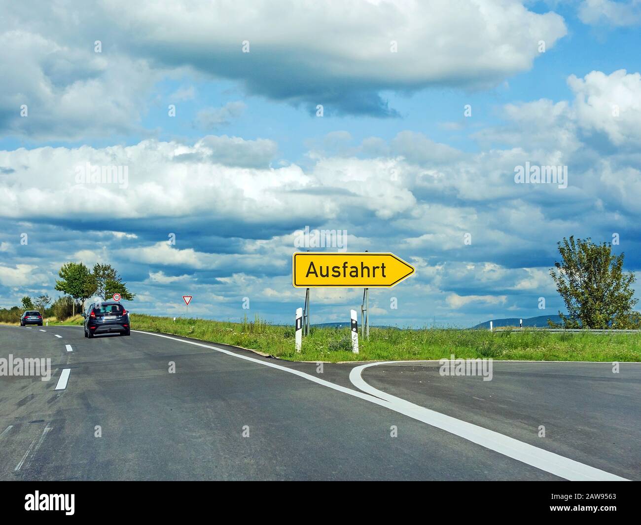 Highway exit raod sign (Ausfahrt), germany language - asphalt road with ...
