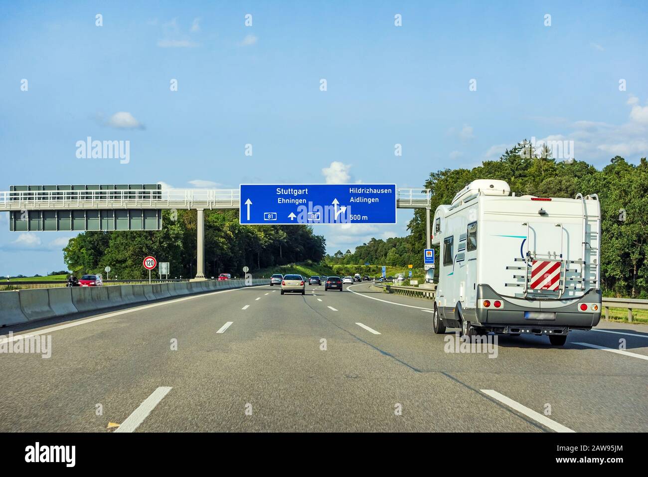 camping van driving on freeway direction Stuttgart on motorway / german ...