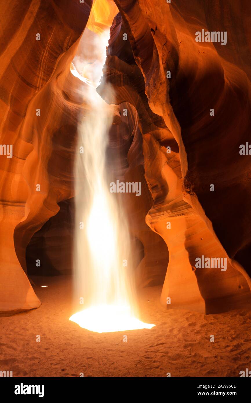 Sunlight beam ray ofmoke and mist in Antelope Canyon in Arizona Stock ...