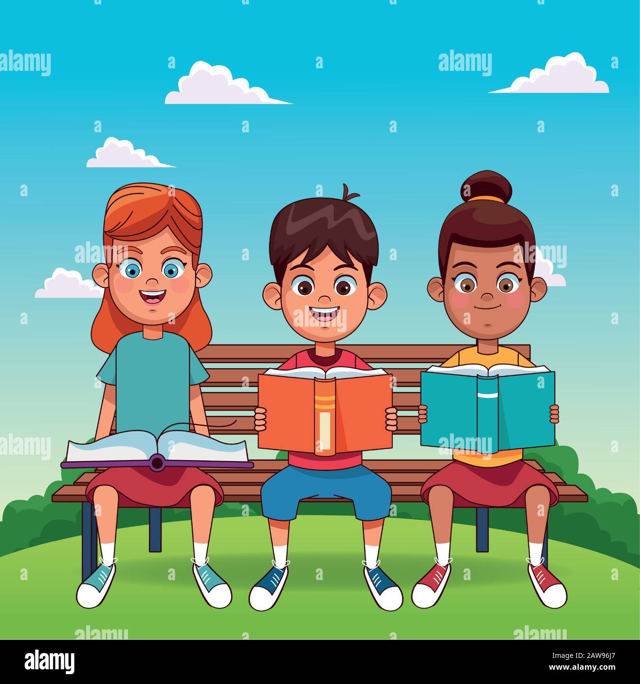 happy kids reading books sittingn on a bench, colorful design Stock ...