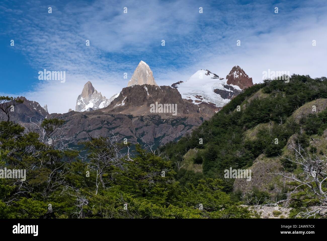 View of the Fitz Roy Peak from the lower forest trails. Fitz Roy Trek ...