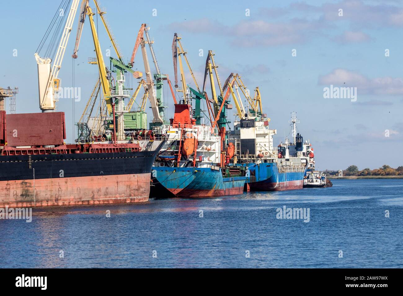 image of sea ships loading tower cranes in port Stock Photo - Alamy